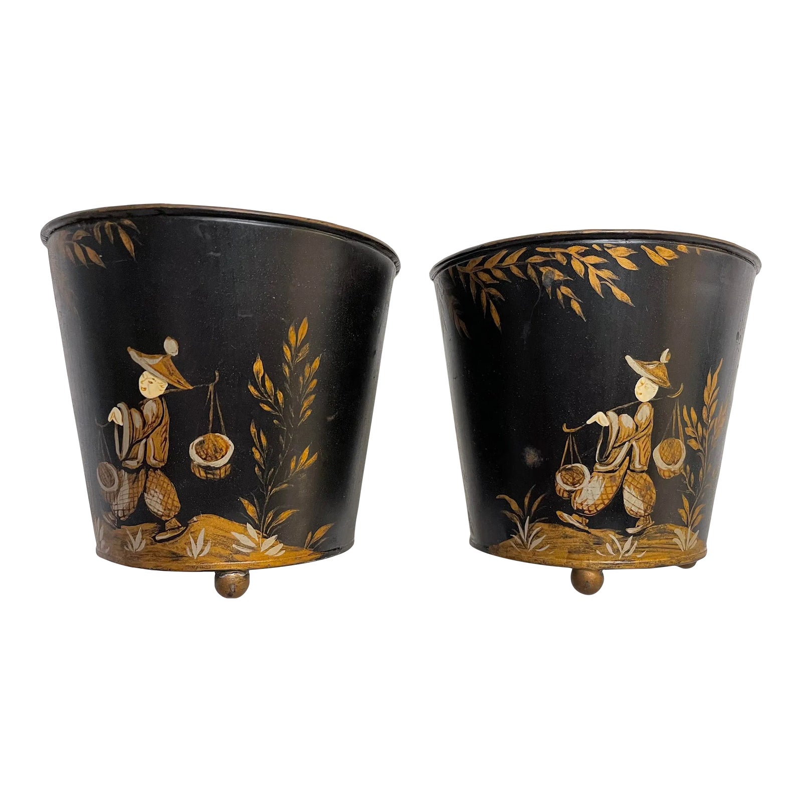 Antique Pair Chinoiserie Hand Painted Tole Cachepots | Chairish