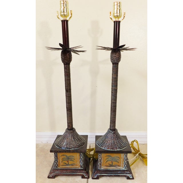 Pair Tall Vintage Palm Beach Style Palm Tree Table Lamps Beaded Silk ...