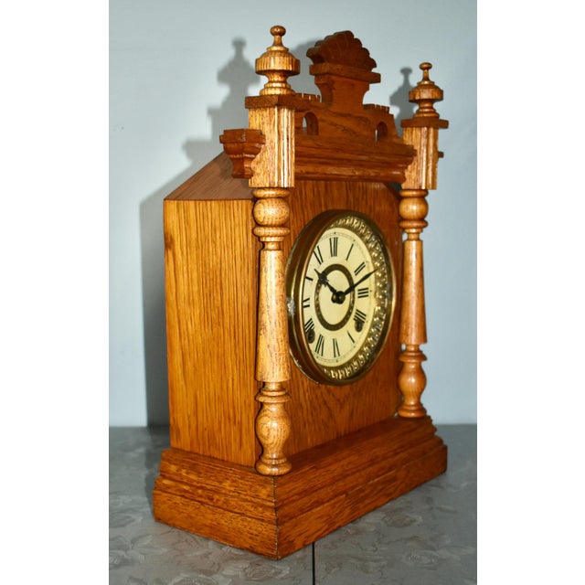 Antique Oak Victorian Style Carved Mantel Clock W/Pendulum | Chairish