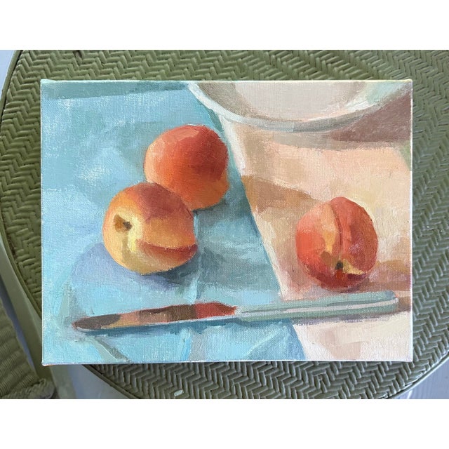 "Peaches on Blue" Original Oil Painting | Chairish