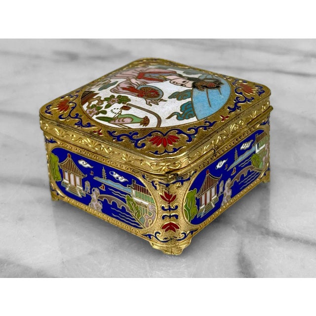 Vintage Chinese Cloisonne Brass & Enamel Figural Storage Box | Chairish