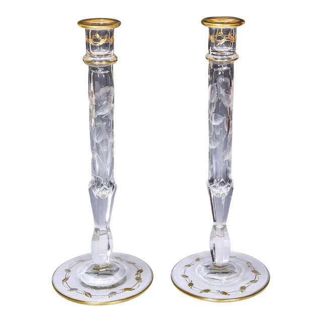 Pair of Moser Handblown Crystal Candlesticks with Intaglio Poppy ...
