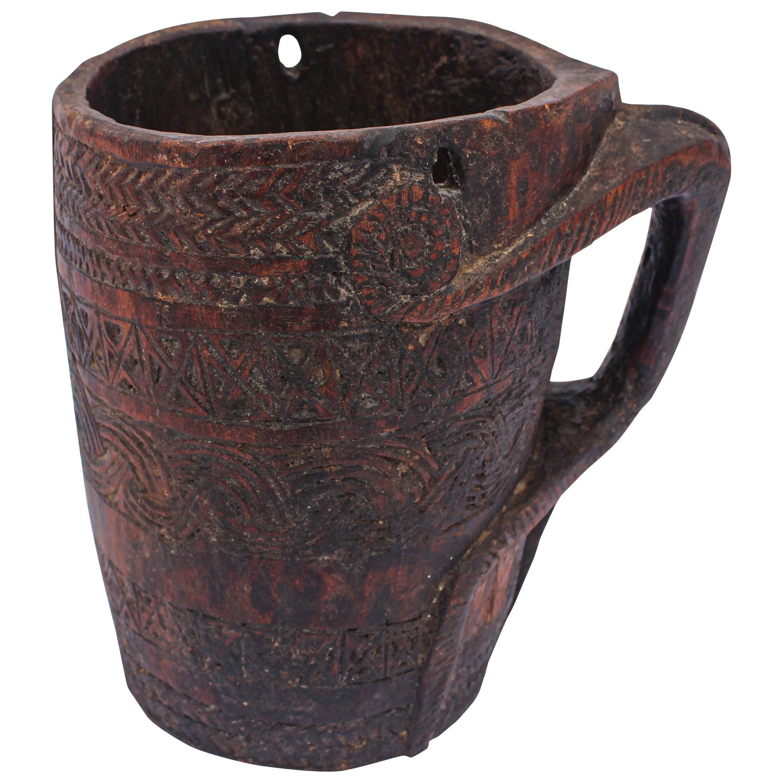 Hand Carved Tribal Wooden Nepalese Beaker Milk Pot With Handle | Chairish