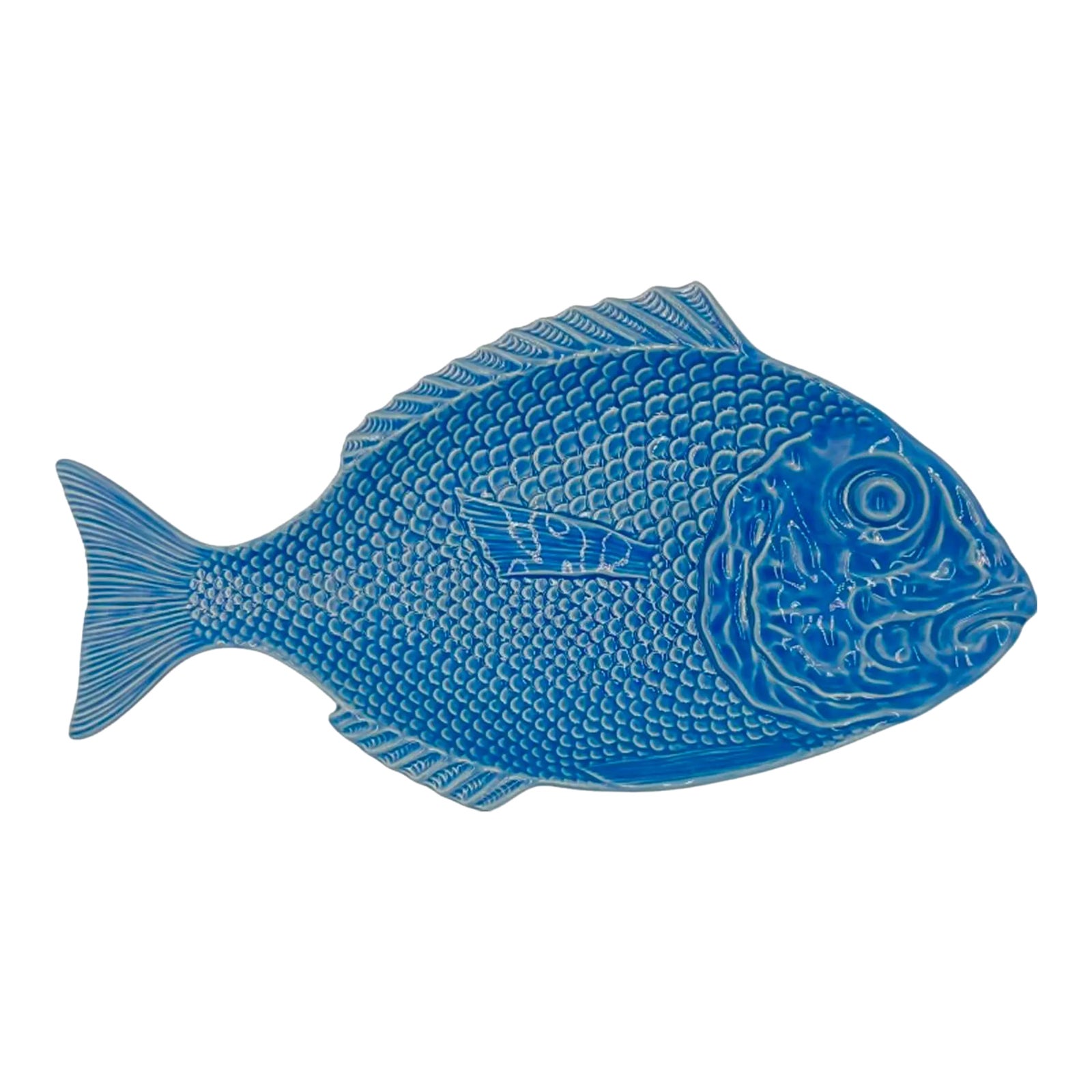 1980s Vintage Bordallo Pinheiro Blue Ceramic Fish Serving Platter Dish ...