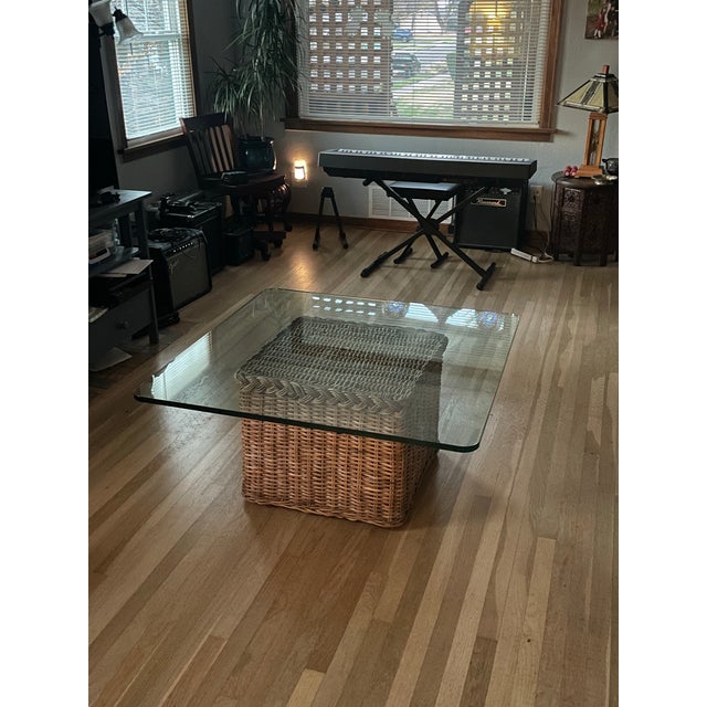 Organic Modern Large Glass Coffee Table With Rattan Base | Chairish