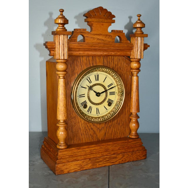 Antique Oak Victorian Style Carved Mantel Clock W/Pendulum | Chairish