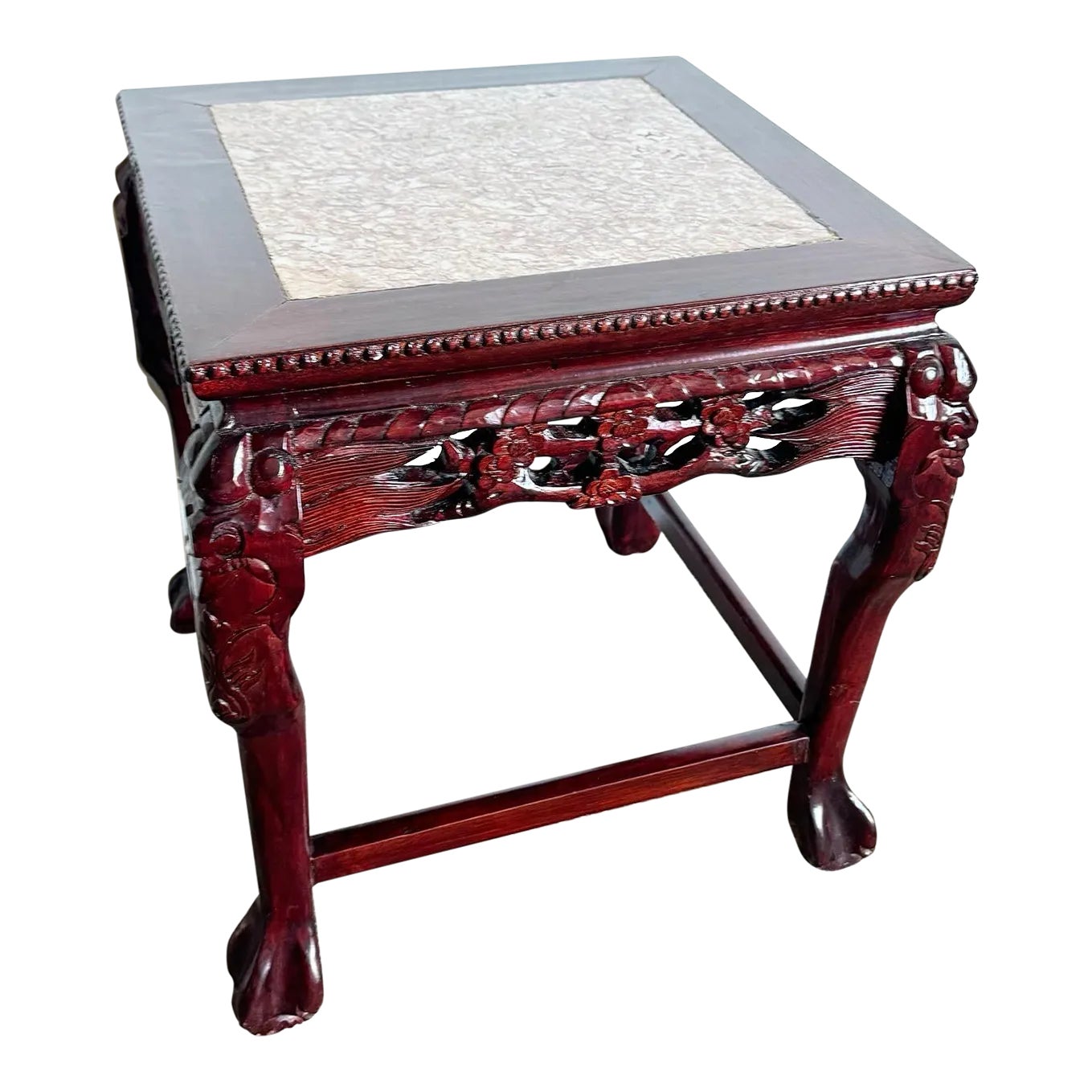 Chinese Hand Carved Rose Wood Side Table With Inlaid Marble Top | Chairish