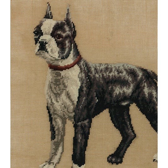Hand-Needlepoint "Boston Terrier" in Custom Bamboo Frame | Chairish