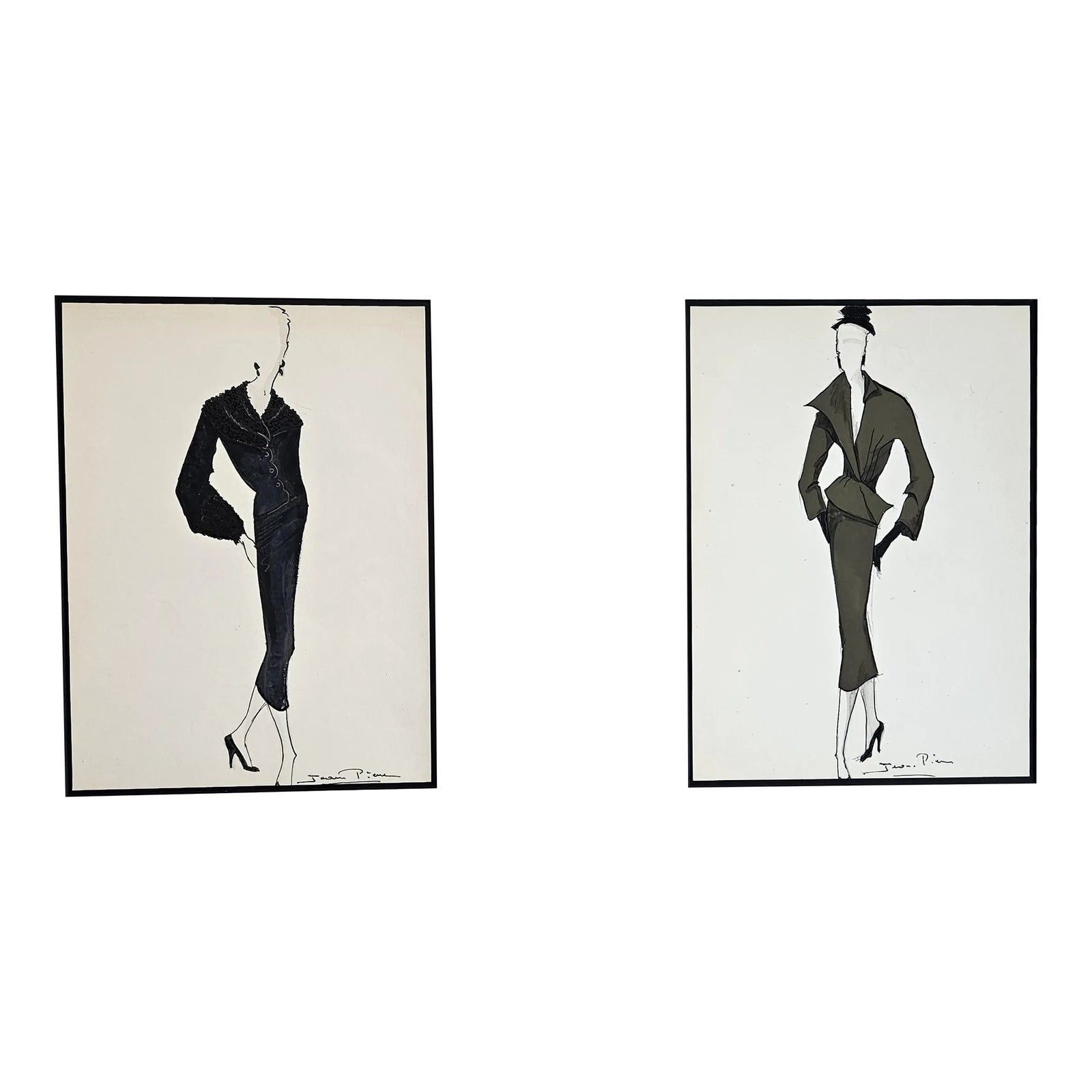 Set of 2-1950s Mid-Century French Fashion Drawings in Gouache, Signed ...