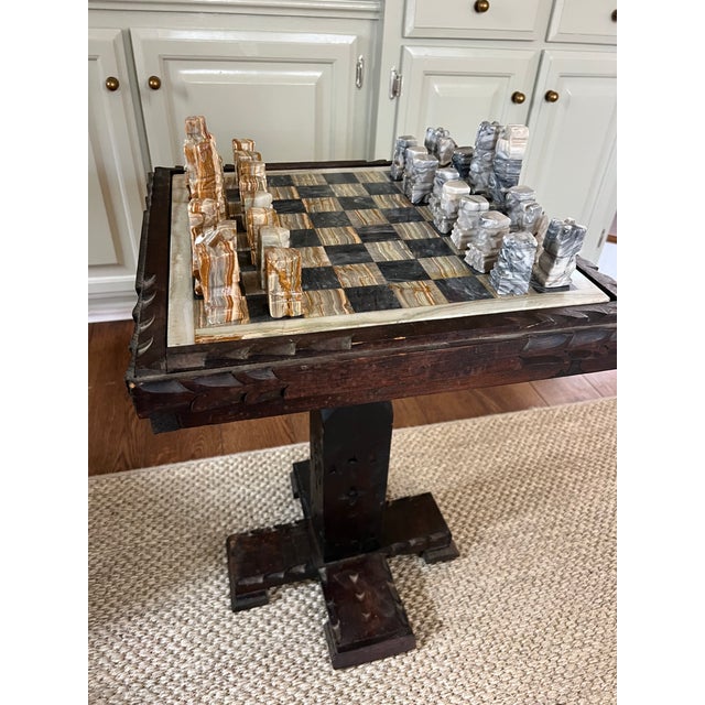 Antique Hand-Carved Wood Pedestal Chess Table With Inset Marble Board ...