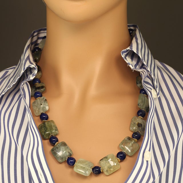AJD Glowing Green Brazilian Prehnite With Blue Agate Necklace | Chairish