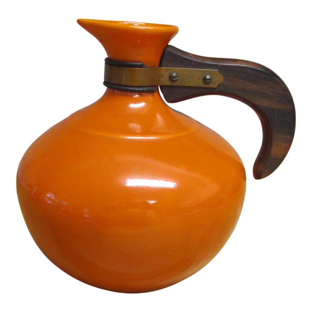 Vintage Bauer Wood Handle Pitcher in an Orange Glaze | Chairish