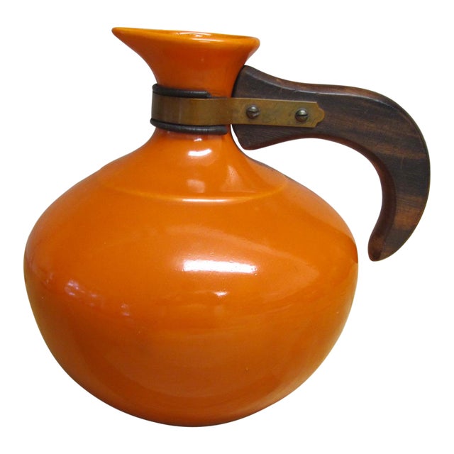 Vintage Bauer Wood Handle Pitcher in an Orange Glaze | Chairish