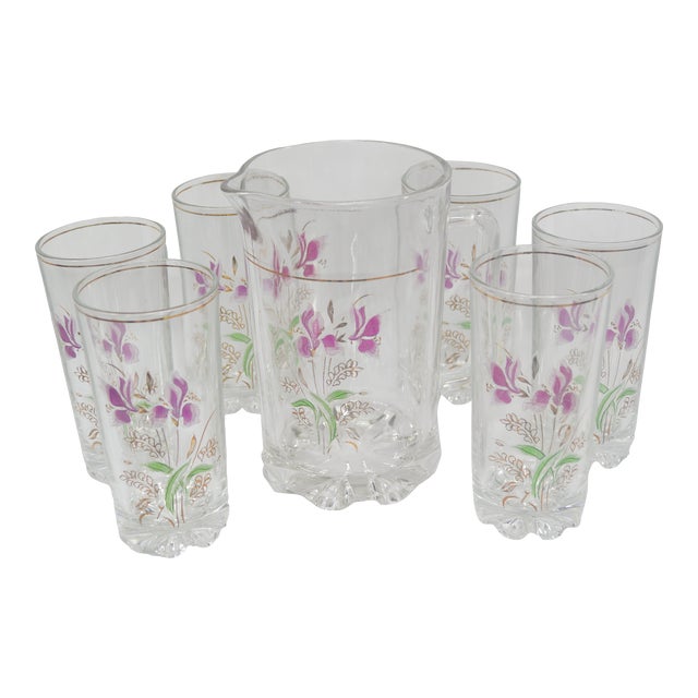 1960s Italy Glass Pitcher With Glasses 7 Pieces - Iris Pattern | Chairish