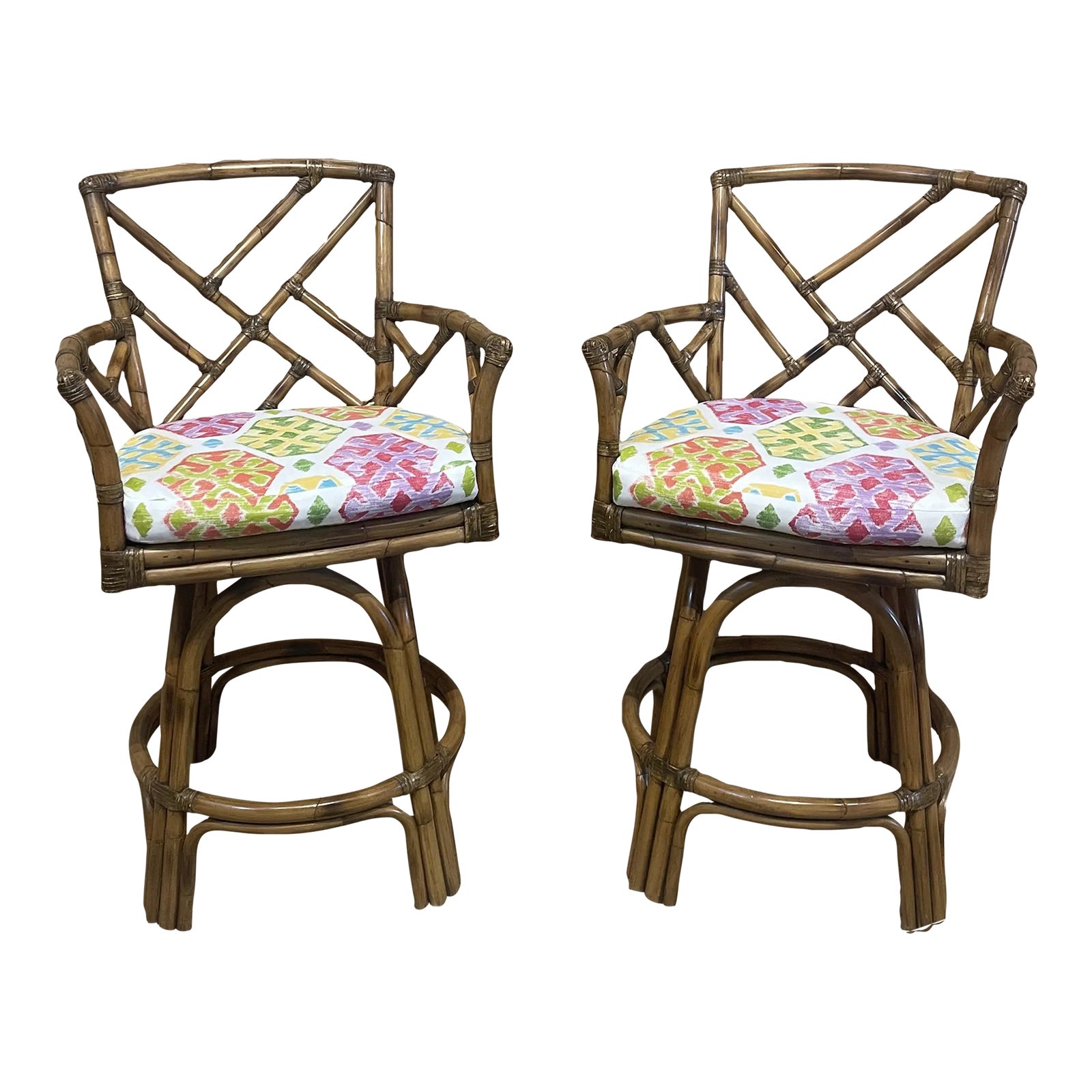 Lane Venture Tradewinds Rattan Swivel Bar Stools - a Pair | Chairish
