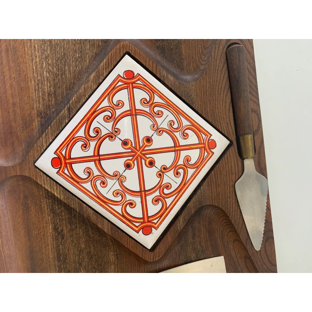 Vintage Wood & Ceramic Tile Cheese Board / Charcuterie Set | Chairish