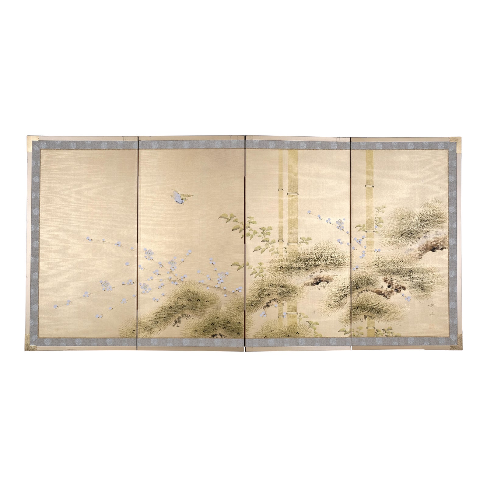 1950s Japanese Byobu "Bird in a Bamboo Forest" Hand Painted and Hand ...