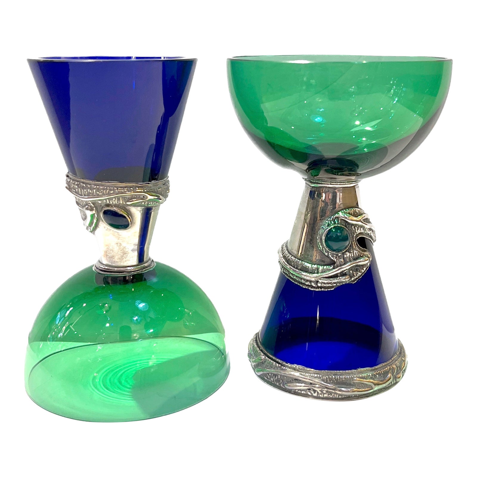 1980 Domar Israel Art Nouveau Style Green Cobalt Blue Glass Silver ...