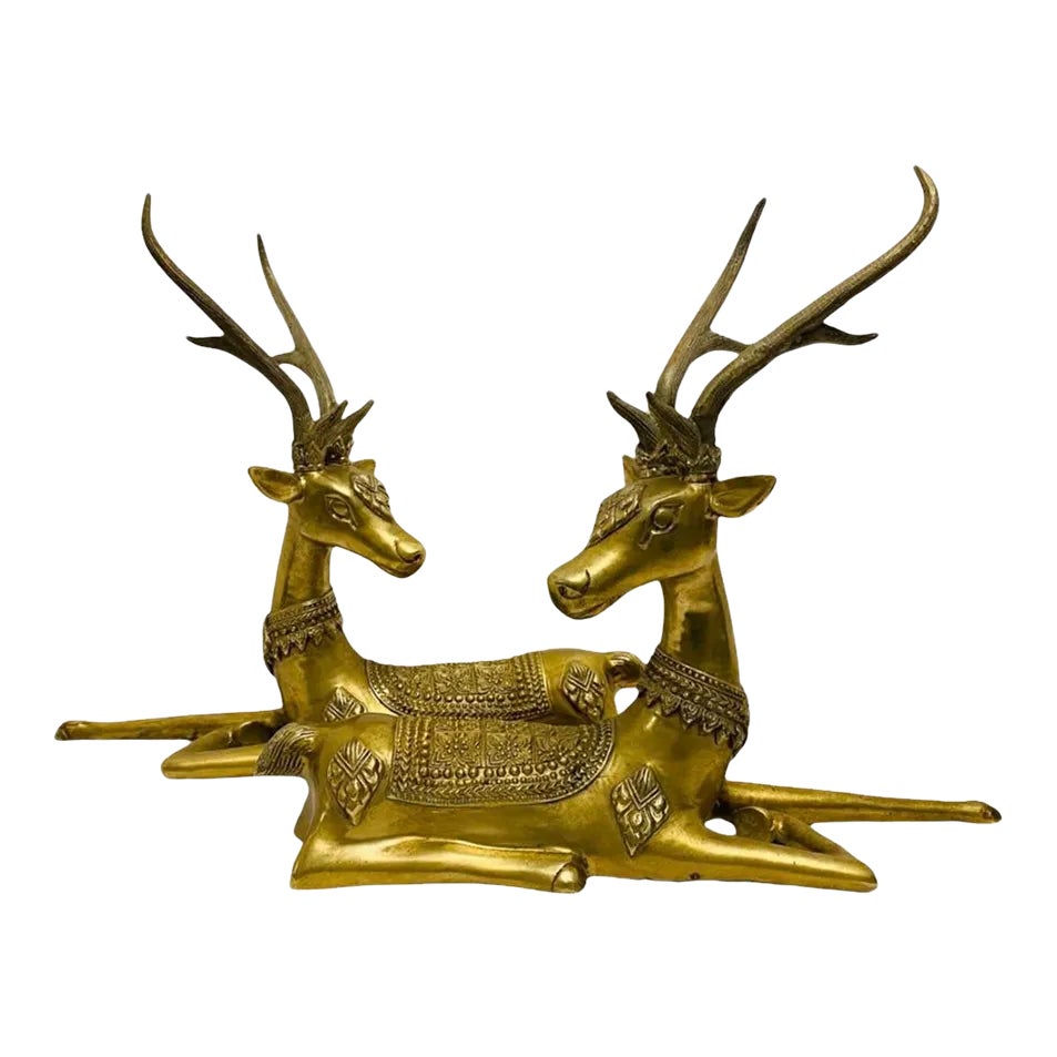 Vintage Large Solid Brass Deer India Ornate Sculptures- Set of 2 | Chairish