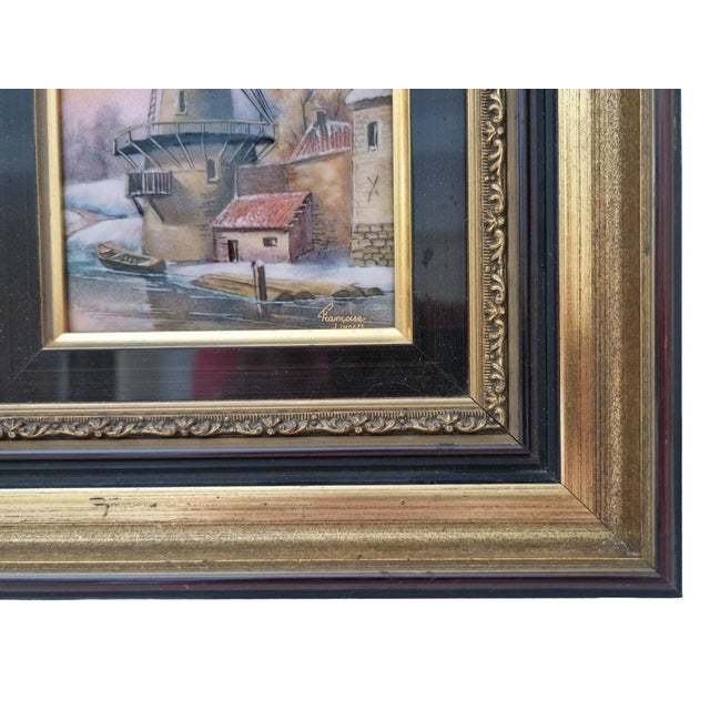 1970s Hand Painted Limoges Enamel Painting With Riverscape and Windmill ...