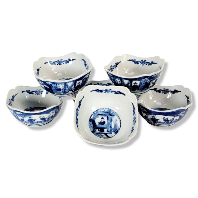 Chinese Blue & White Square Porcelain Bowls- Hand Painted Set of 6 ...