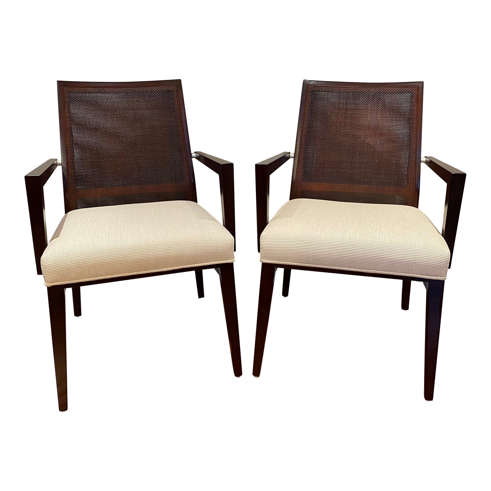 Indx Chairs Radio Weave Cane and Upholstered Arm Chairs - a Pair | Chairish