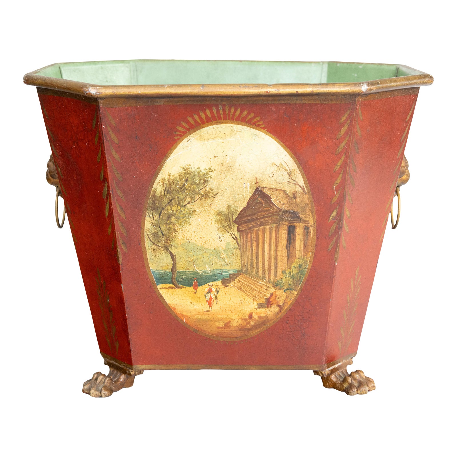 Antique French Napoleon III Style Red Tole Footed Cachepot Planter Lion ...