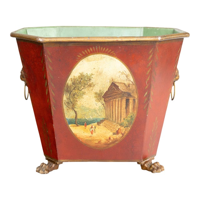 Antique French Napoleon III Style Red Tole Footed Cachepot Planter Lion ...