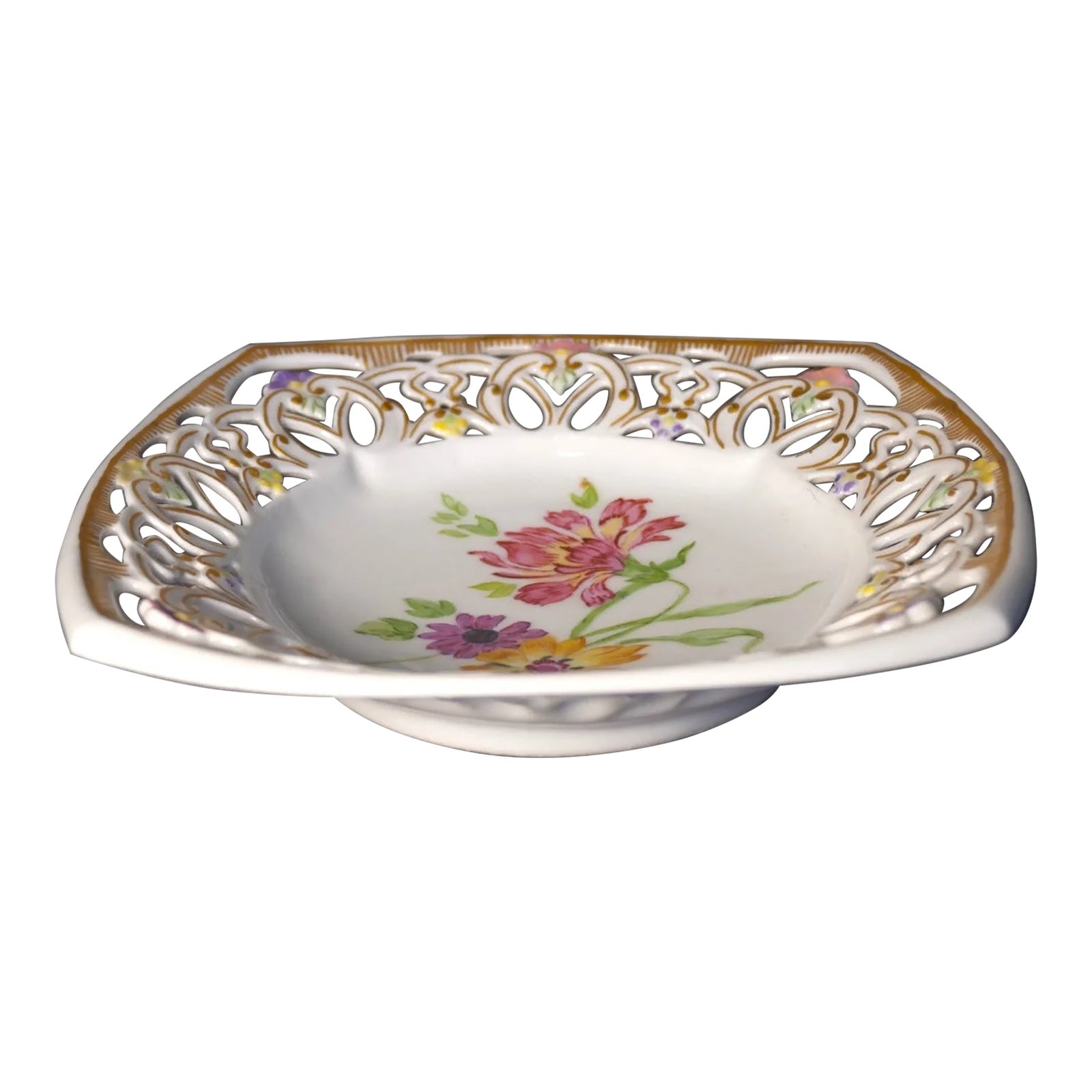1935 German Porcelain Hand Painted Gilded Floral Motif Reticulated ...