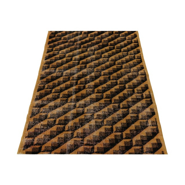 1960s Vintage Art Deco Distressed Rug in Gold, Black Geometric Pattern ...