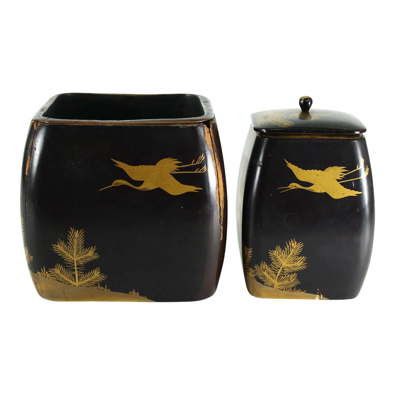 Mid. 1800's Edo/Meiji Black Lacquer & Gilt Hibachi & Jar Set With Copper Insert - Set of 2 ...