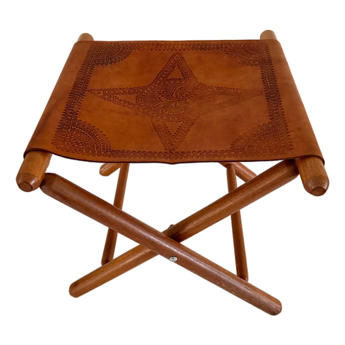 Vintage Leather Tooled Folding Stool | Chairish