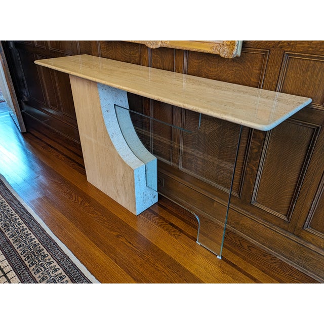 1980s Sculptural Travertine Marble & Glass Console Table | Chairish