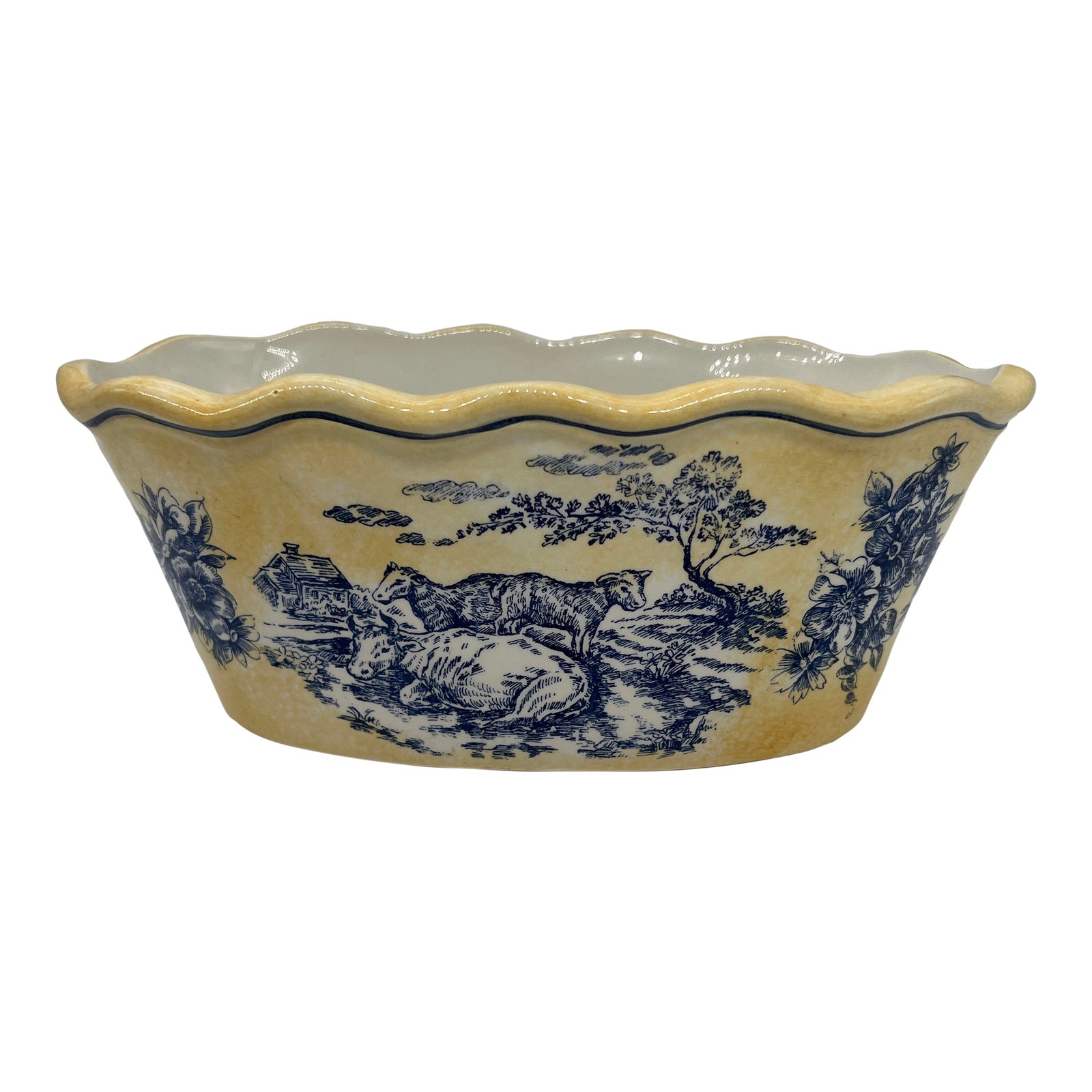 Vintage Yellow & Blue Toile Transferware Planter Farm Scene | Chairish