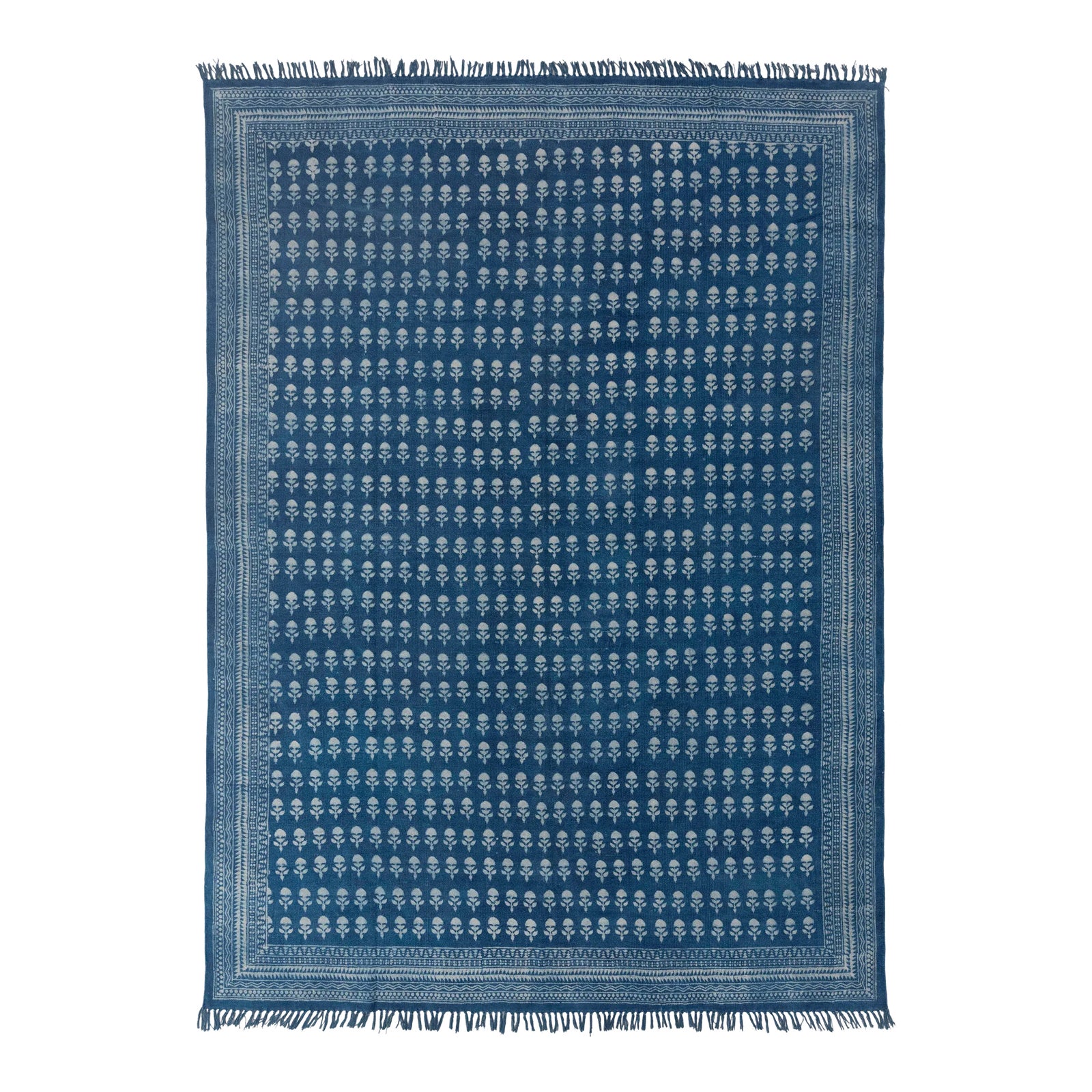 Blue White Block Printed Handmade Cotton Boho Inspired Flatweave Rug ...