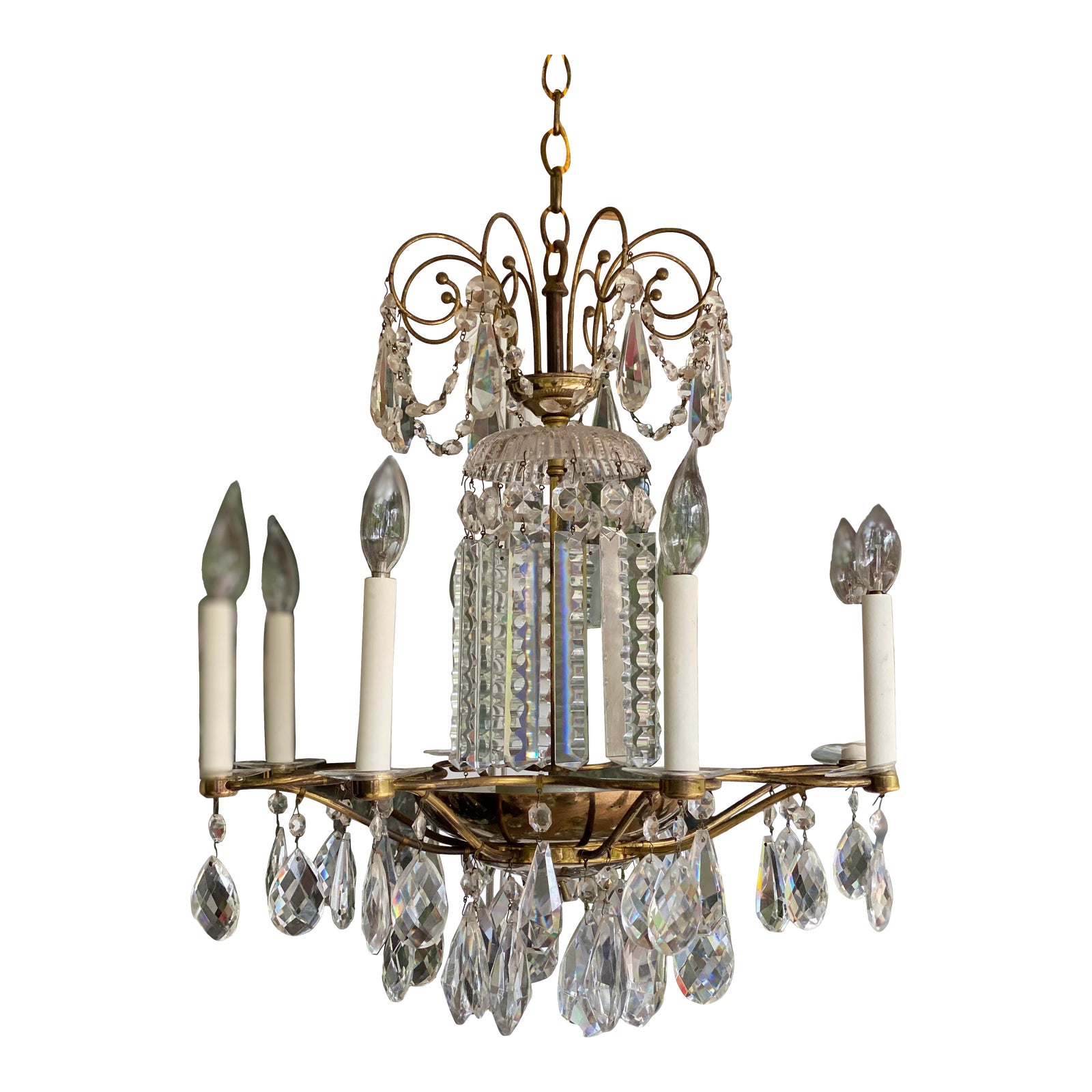 1950s Lightolier Large Crystal Brass Luster Prism Chandelier Paavo ...