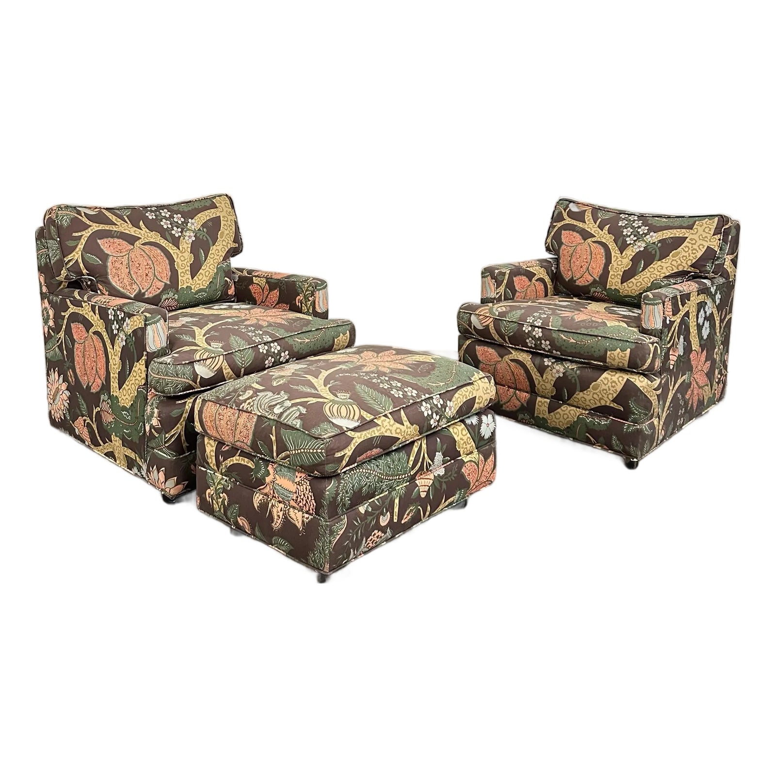 Pair of MCM Floral Lounge Chairs and Ottoman on Casters | Chairish
