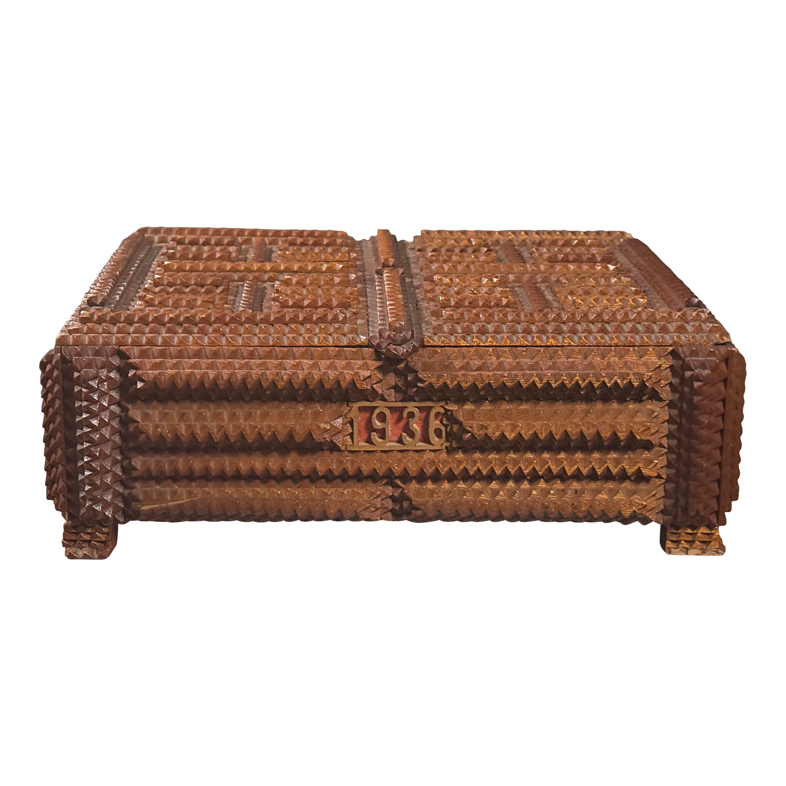 Antique Primitive Chip-Carved Lidded Tramp Art Box on Stacked Pedestal ...