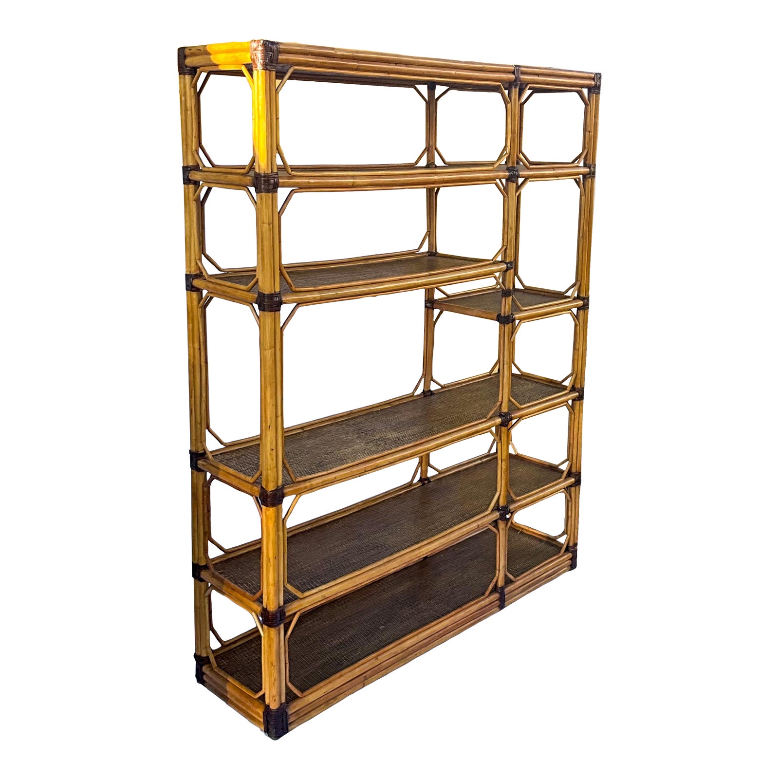 McGuire Style Modern Rattan / Bamboo Leather Wrapped Etagere / Shelf ...