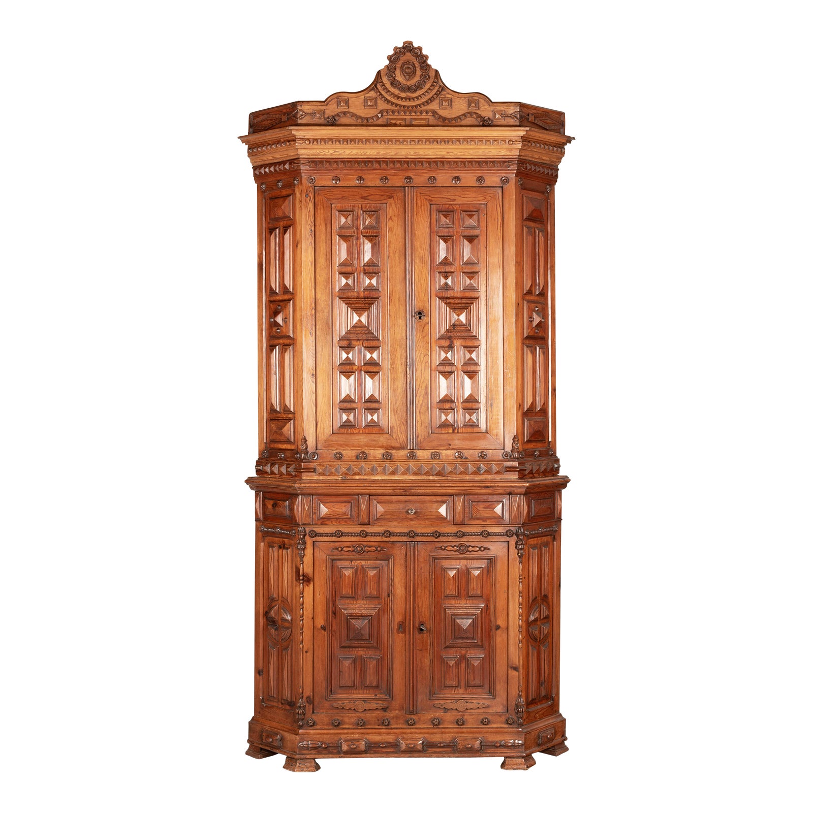 19th Century French Country Folk Art Corner Cabinet | Chairish