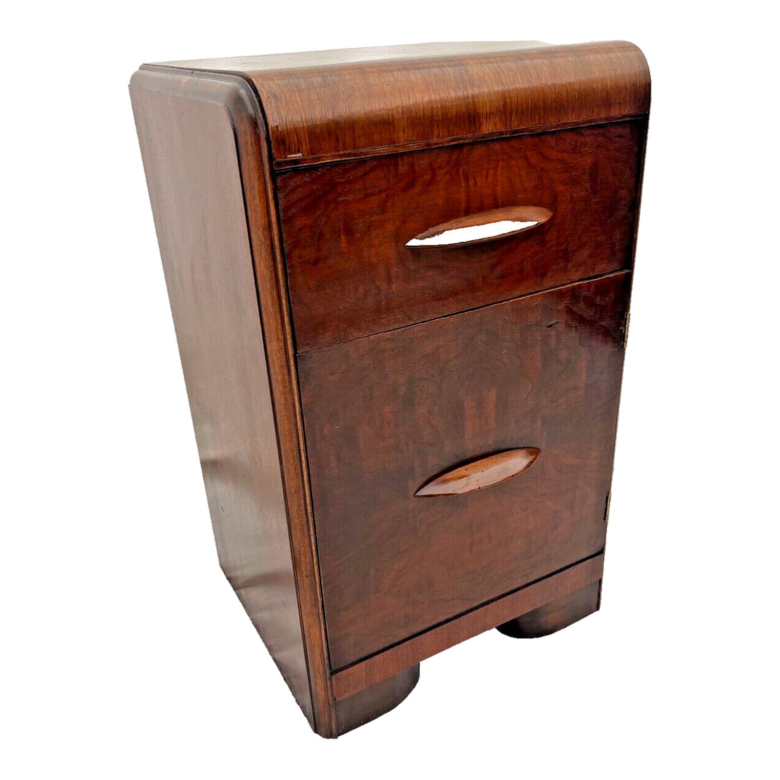 1920s Art Deco Nightstand Cabinet Dovetail Drawer Walnut Pulls Waterfall Top | Chairish