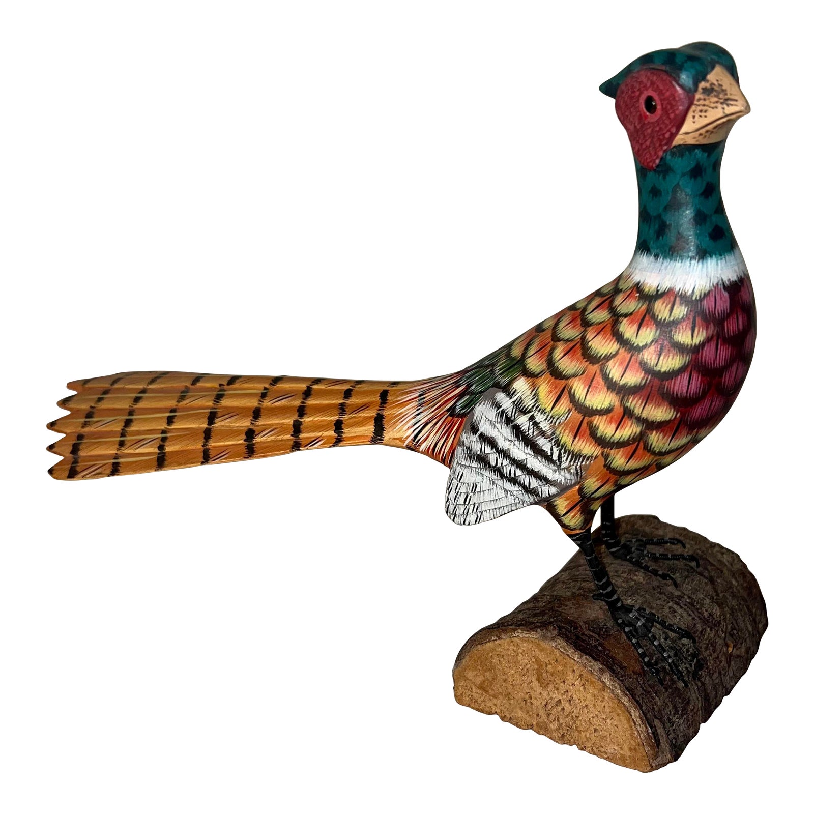 Primitive Decorative Pheasant Carving Mounted on a Wood Base | Chairish