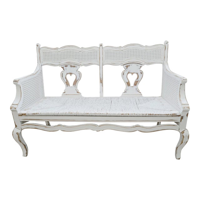 Rustic Vintage French Country Settee With Cane Accent and Rush Seat ...