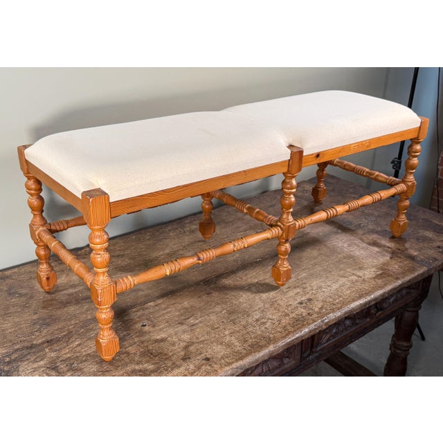Vintage French Country Style Wood Upholstered Bench With Turned Legs ...