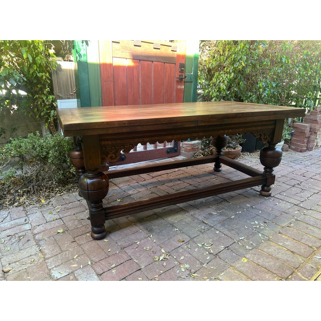 A Spanish Revival Jacobean Carved Oak Refectory Table Extension Table ...