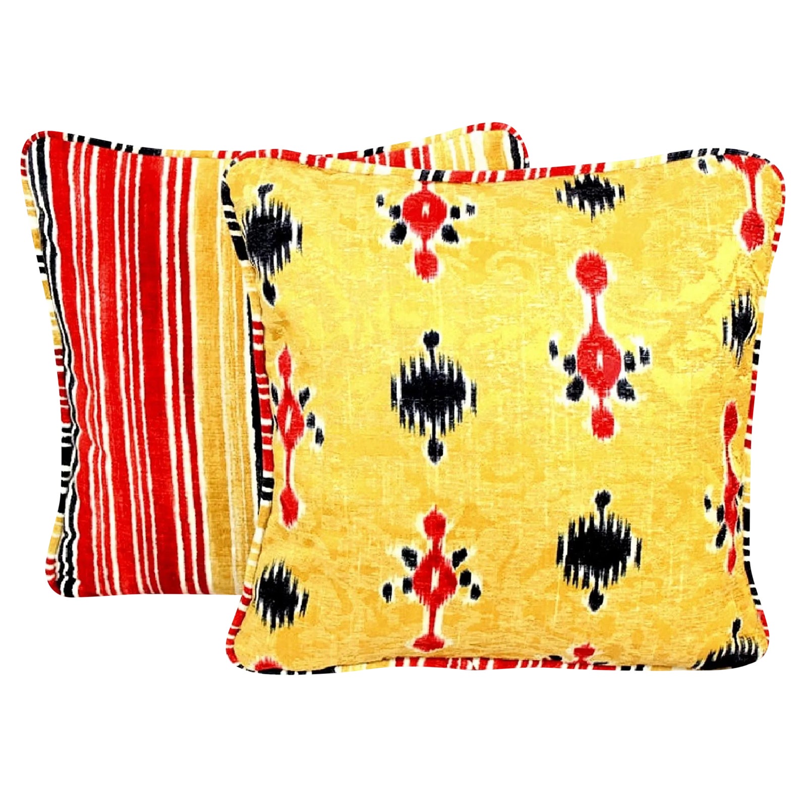 Yellow Silk Velvet Ikat Reversible Pillows With Stripe Piping - a Pair ...