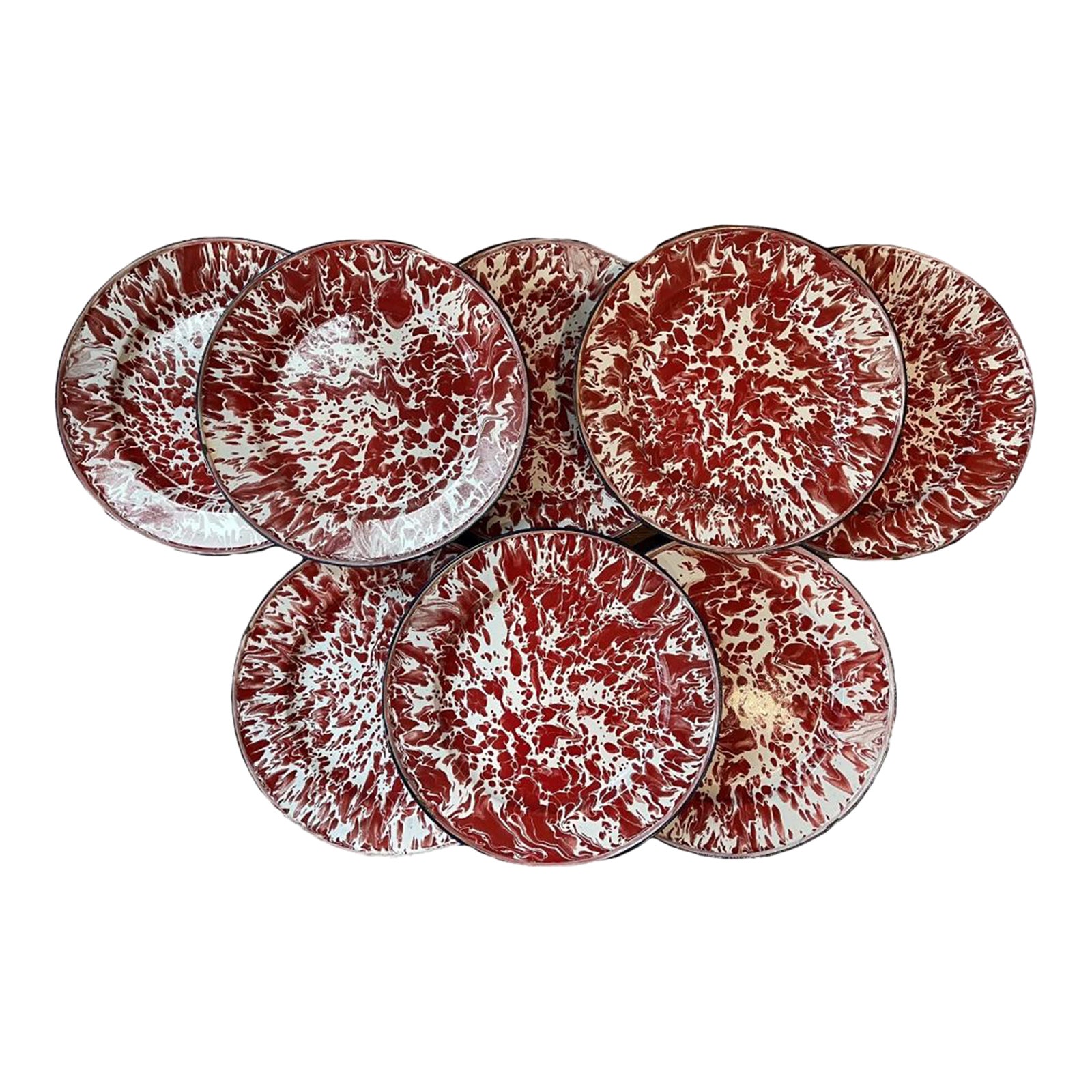 Early 20th Century Enameled Splatter Ware Plates- Set of 8 | Chairish