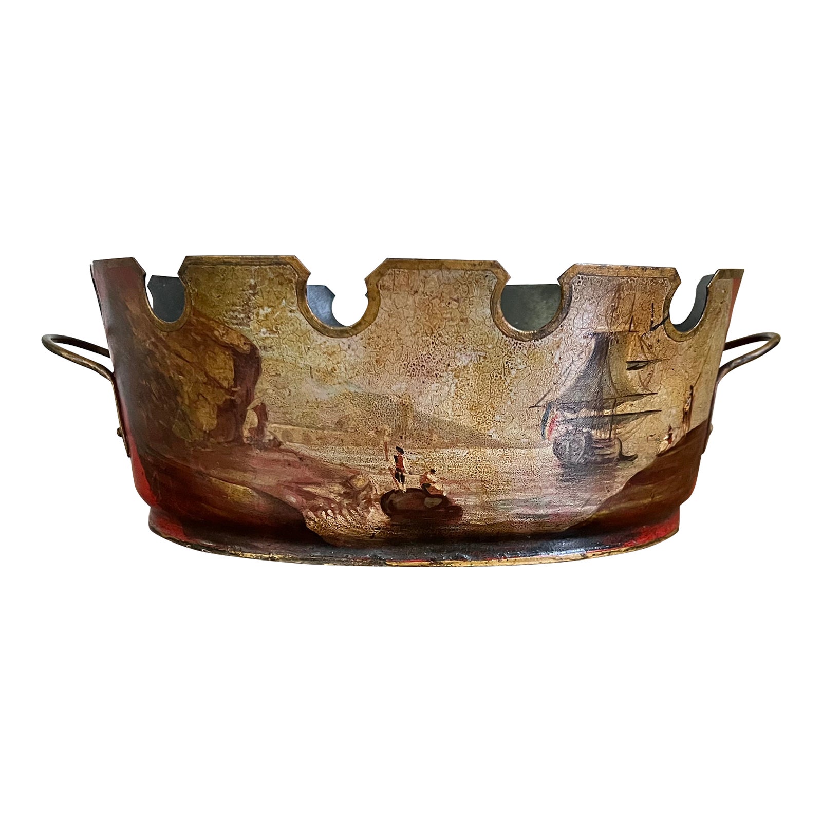 French Tole Monteith or Cachepot Planter Decorated With Hand Painted ...