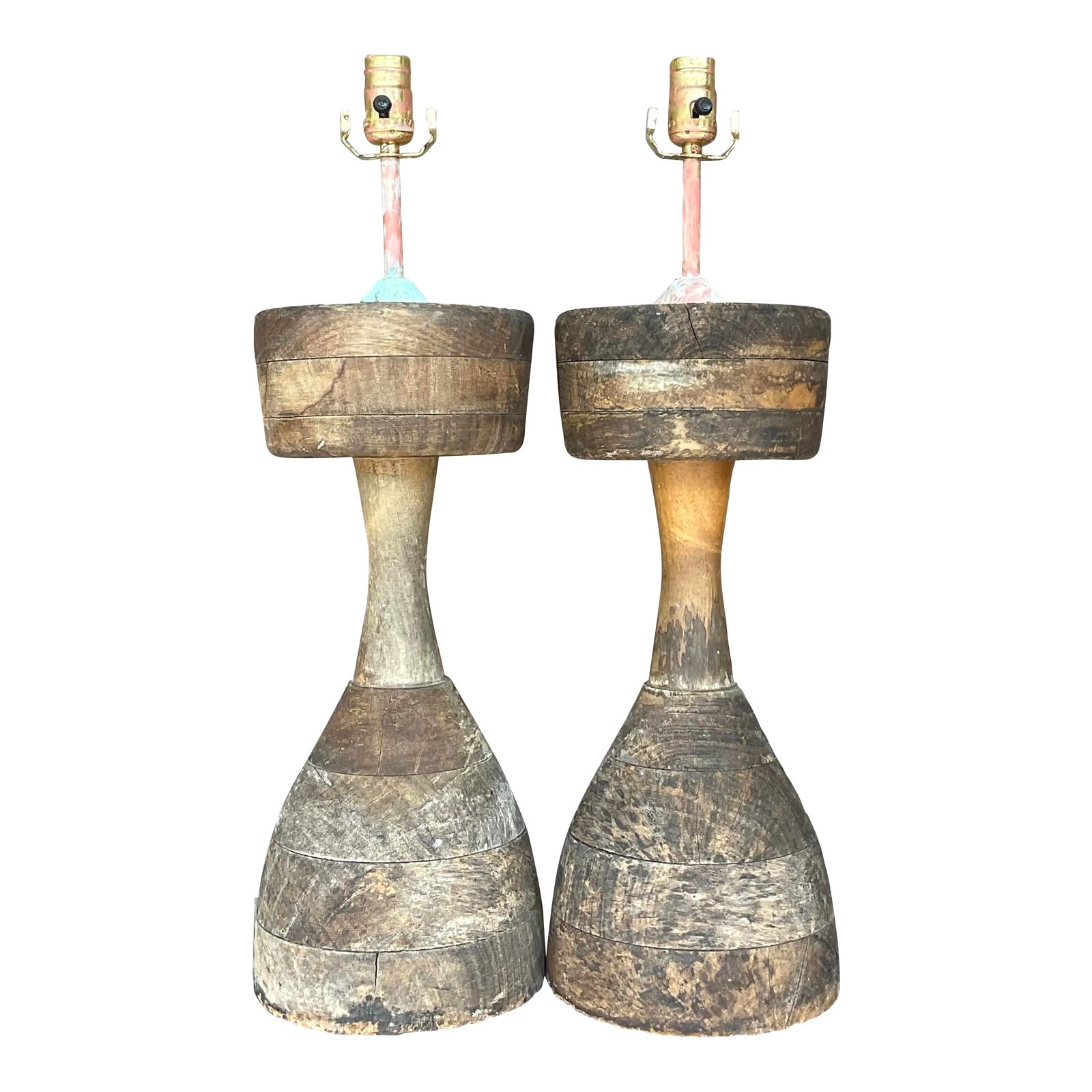 Vintage Boho Stacked Distressed Wood Lamps - a Pair | Chairish