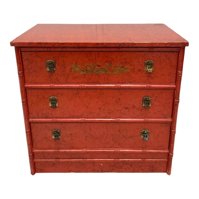Vintage Red Faux Bamboo 3-Drawer Dresser Chest | Chairish